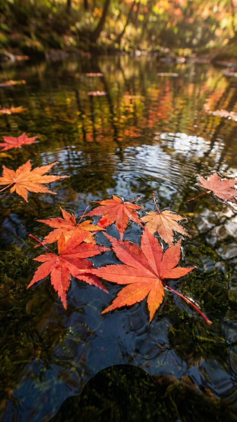 Red Maple Leaves Autumn Water: Aesthetic 4K Phone Wallpaper - 4k Mobile ...